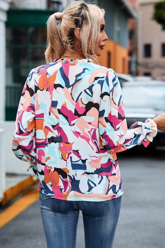 White Multi Abstract Long Sleeve Blouse – Southern Blu Boutique ...