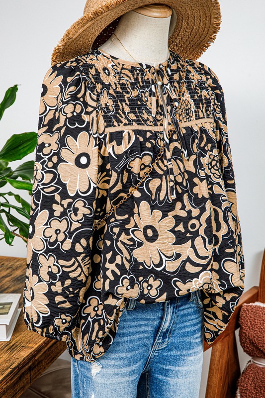 Floral Shirred Yoke Split Neck Boho Blouse – Southern Blu Boutique ...